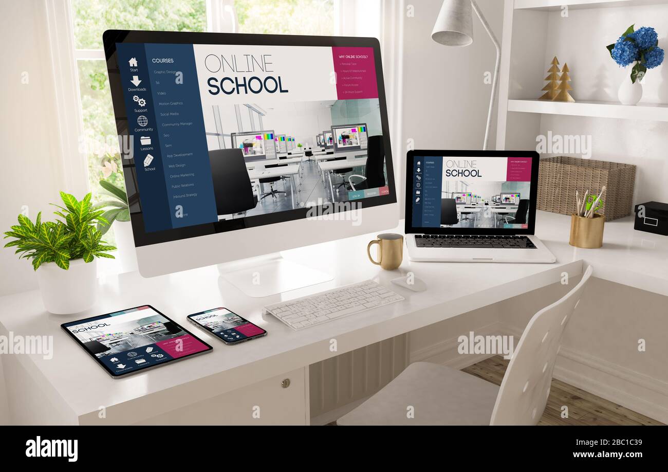 home office desktop showing online school website 3d rendering Stock ...