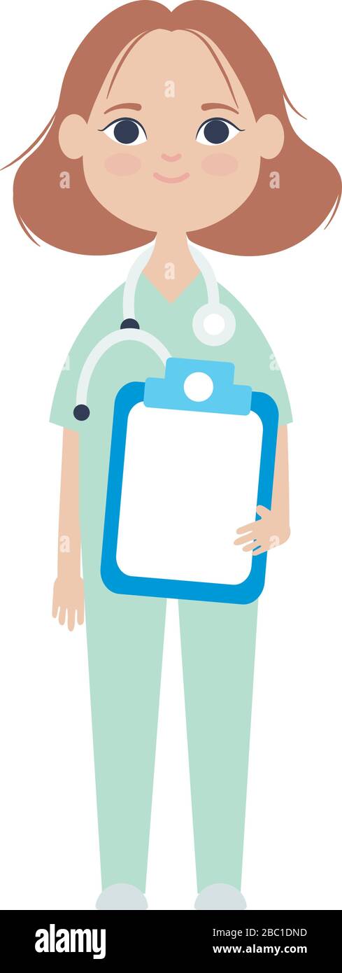 cartoon cute doctor woman standing holding a medical report icon over ...