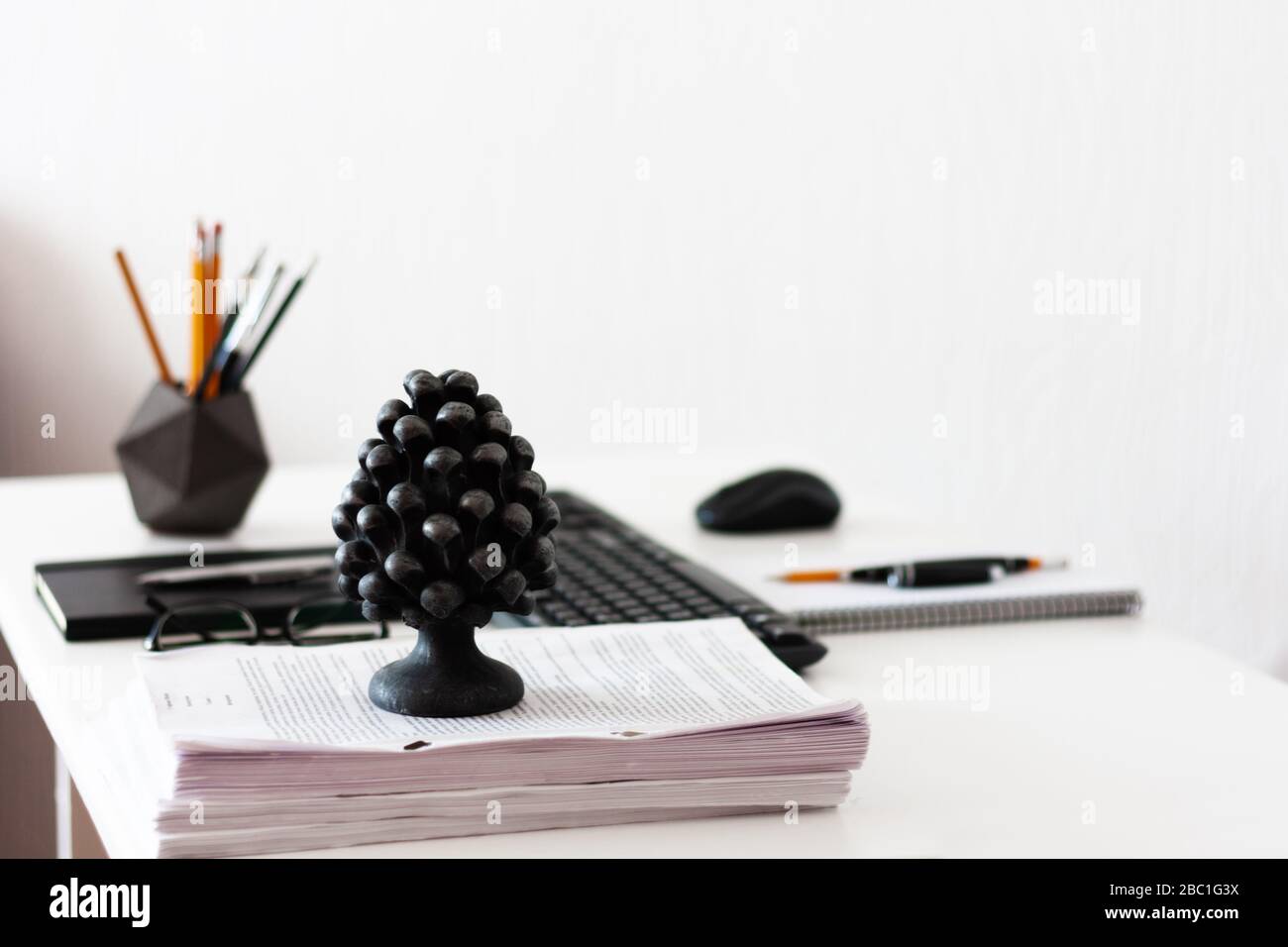 Home office, modern workplace: white table, keyboard laptop computer ...