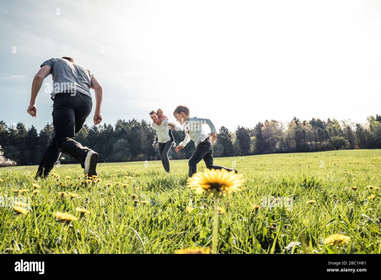 Family with two kids having fun together on a meadow in spring Stock ...