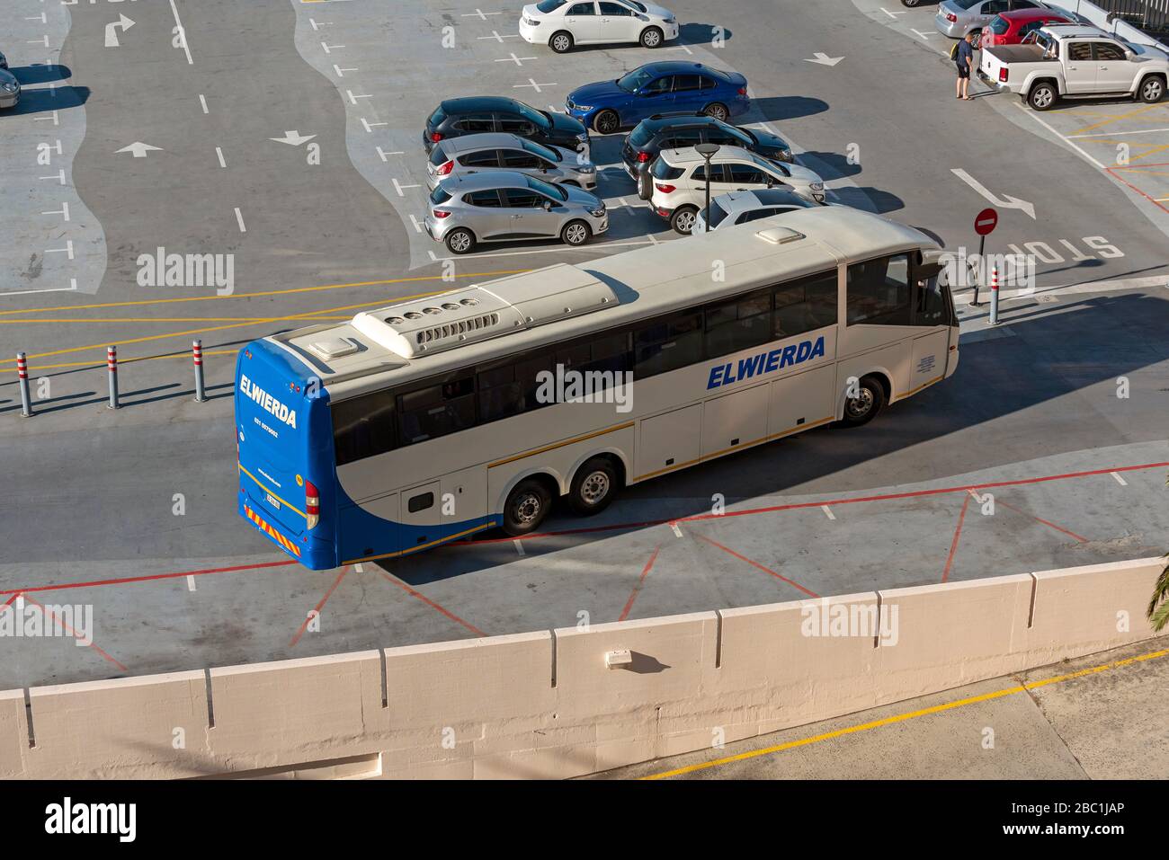 Cape Town, South Africa. 2019. An overview of a tourist bus at a hotel ...