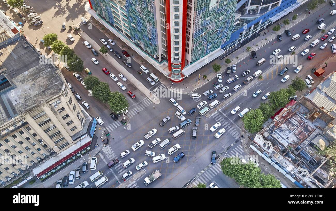 Mozambique, Maputo, Aerial view of traffic jam on city intersection ...