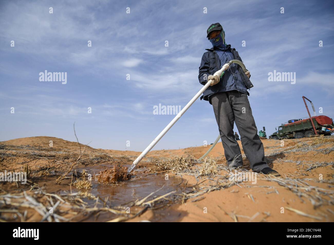 Alxa, China's Inner Mongolia Autonomous Region. 2nd Apr, 2020. A worker ...