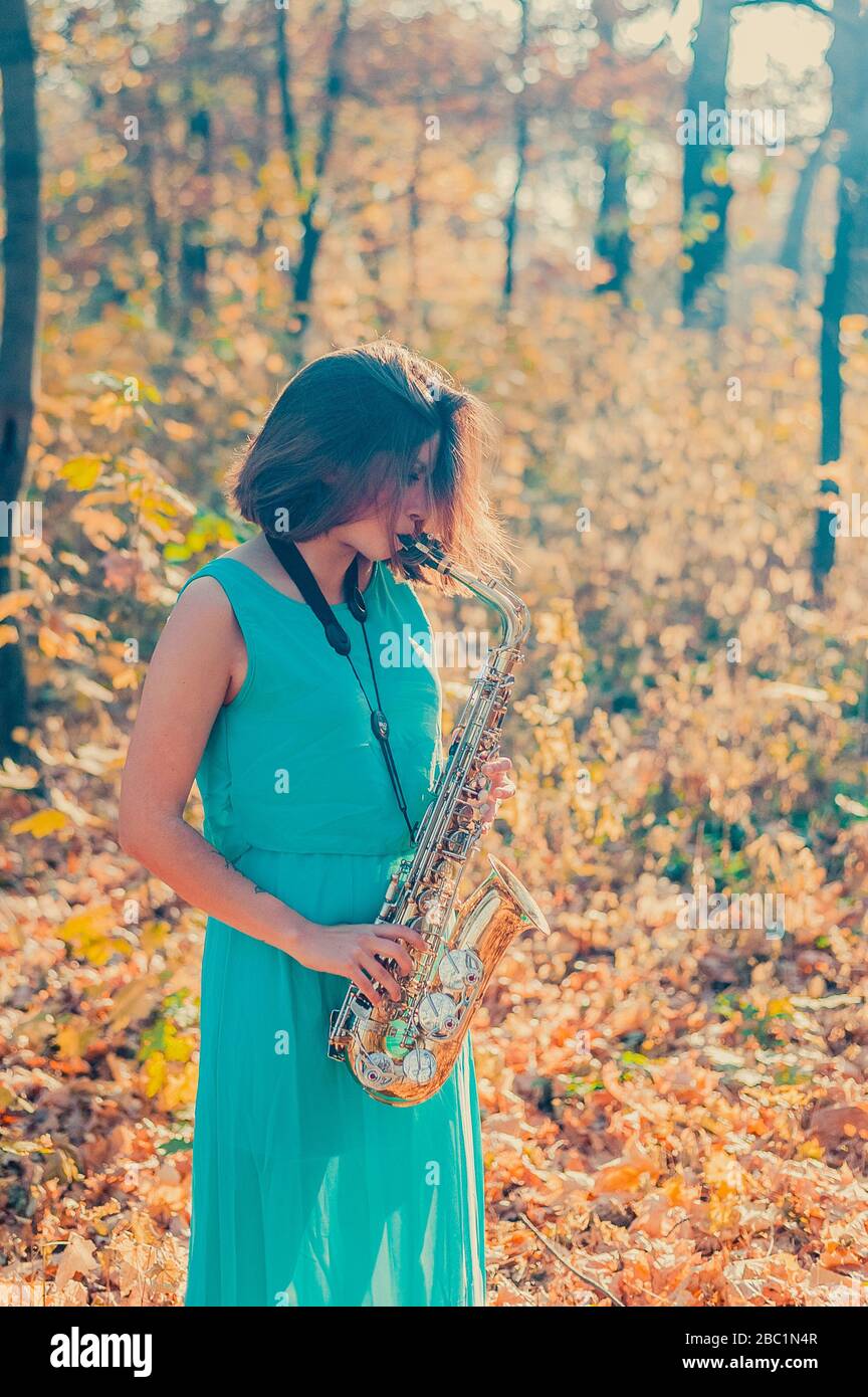 cute young brunette girl in a long blue dress plays the yellow ...