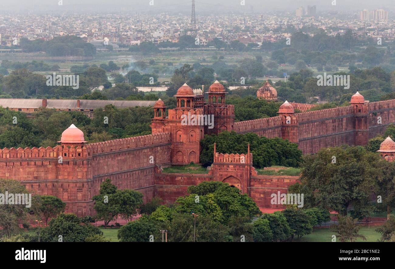 High-angle view of the Red Fort as seen from the minaret of the Jama ...