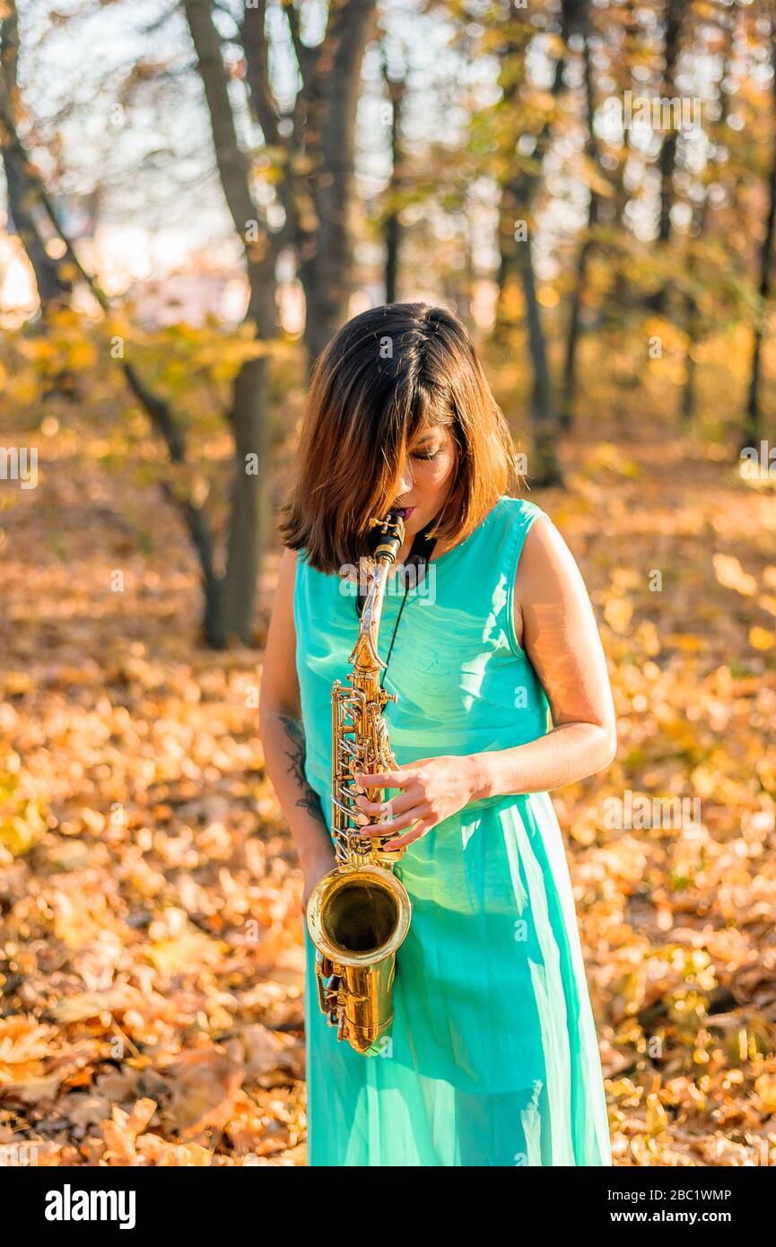 very beautiful young brunette girl in a luxurious long blue dress plays ...