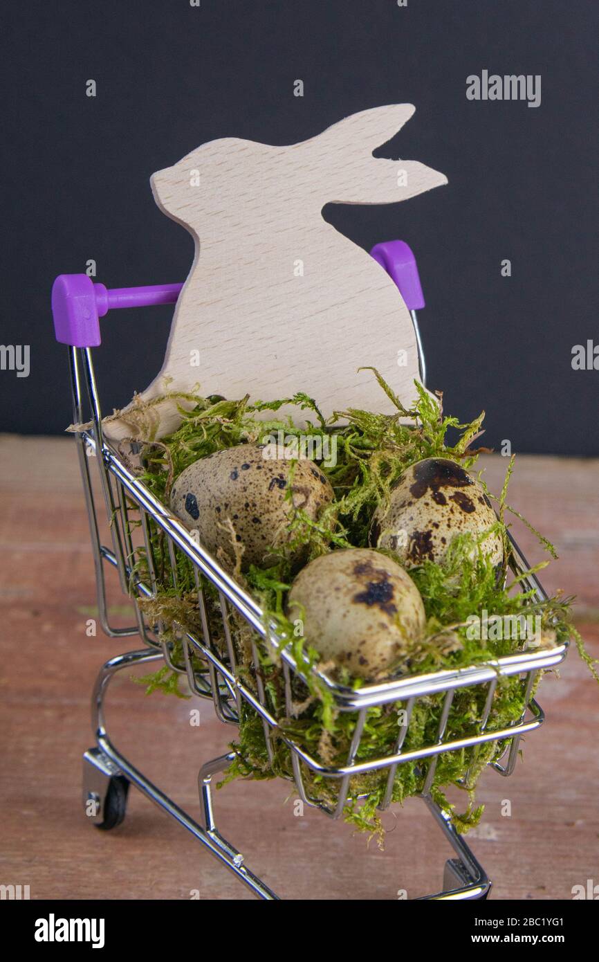 Quail eggs stand in a basket of supermarket filled with moss and a ...