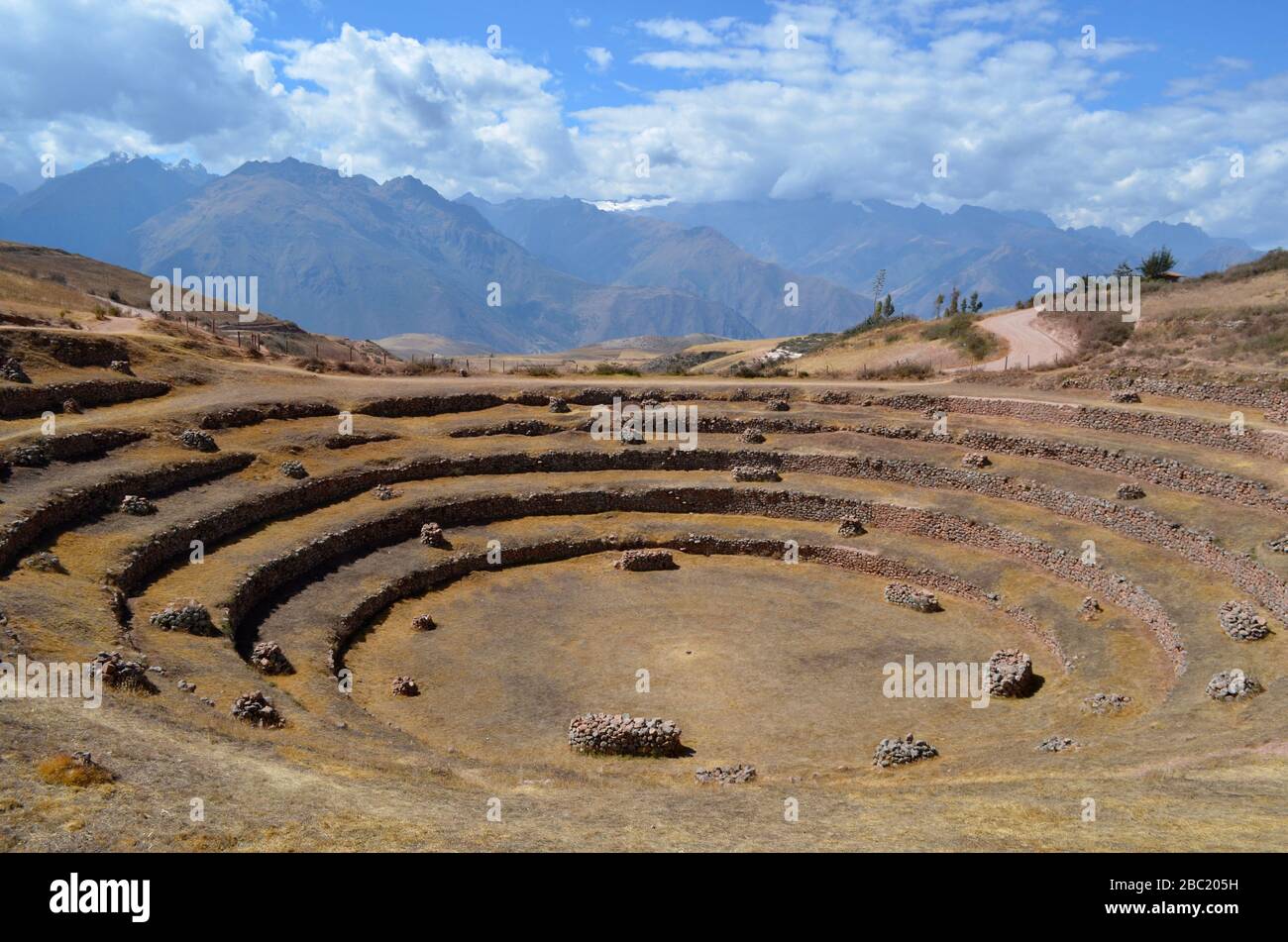 Moray Inca archaeological site with circular terraces, located on an ...