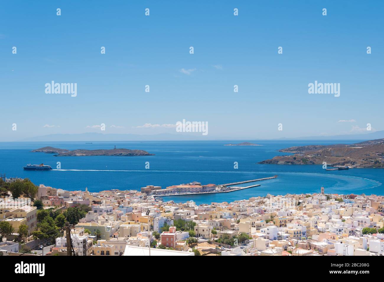 The city of Ermoupolis and the port of Syros island, Cyclades, Greece ...