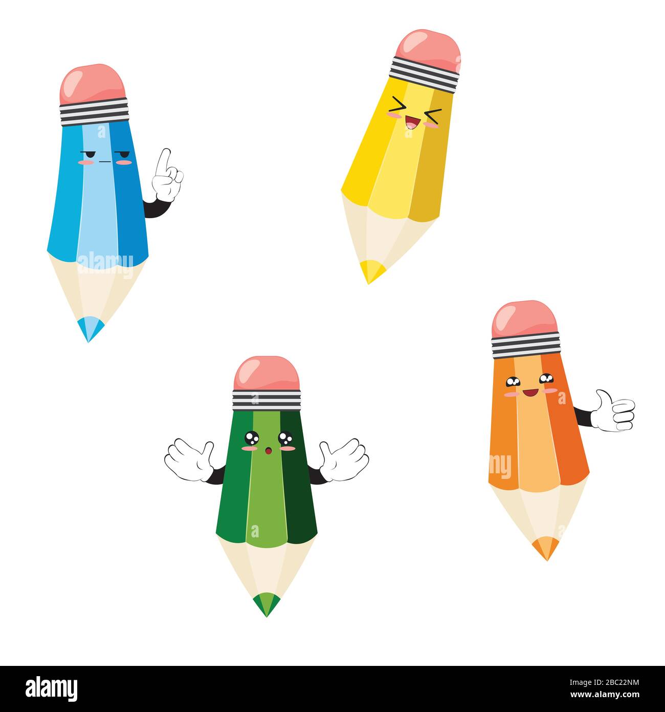 School supplies, crayons, colored pencils with cute cartoon faces ...