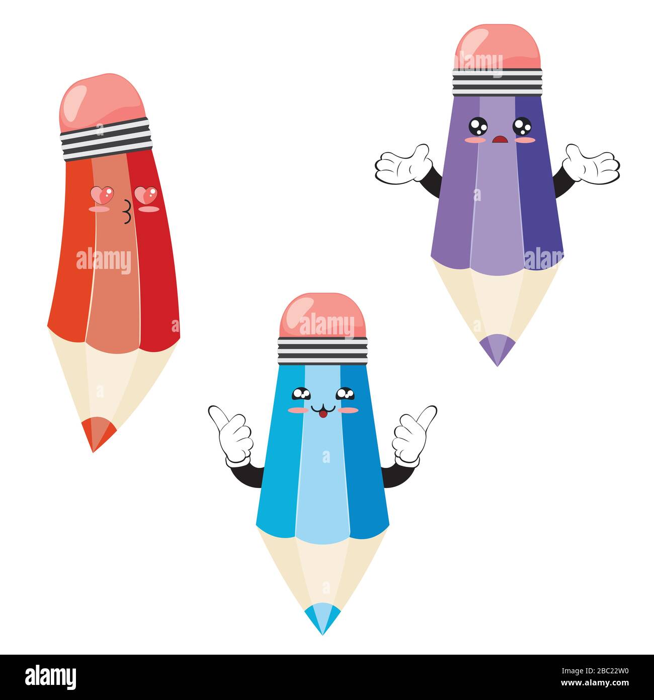 School supplies, crayons, colored pencils with cute cartoon faces ...