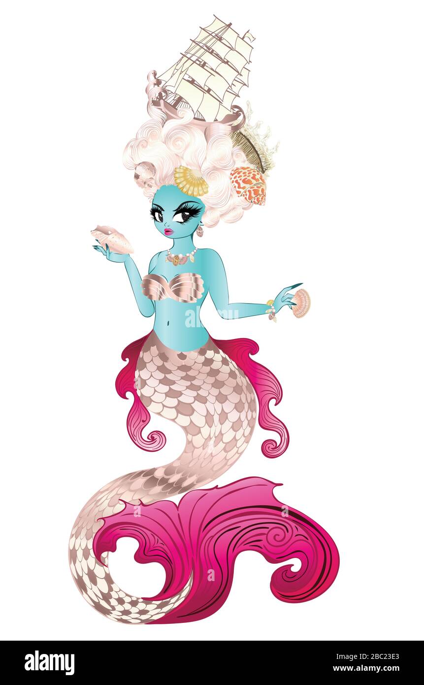 Fantasy mermaid with rococo hairstyle and seashells design Stock Vector ...