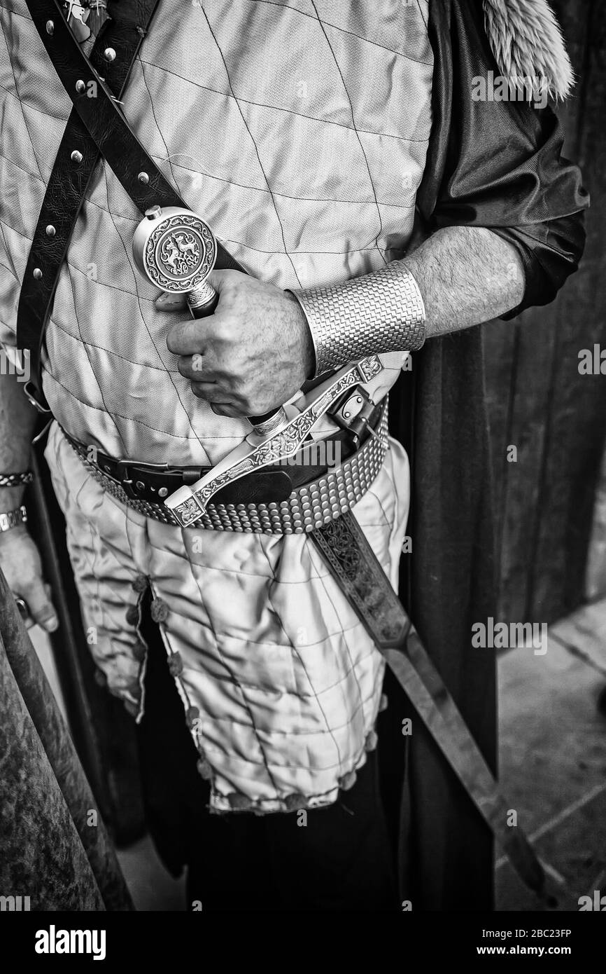 Medieval warrior with sword, detail of a medieval warrior ready for war ...