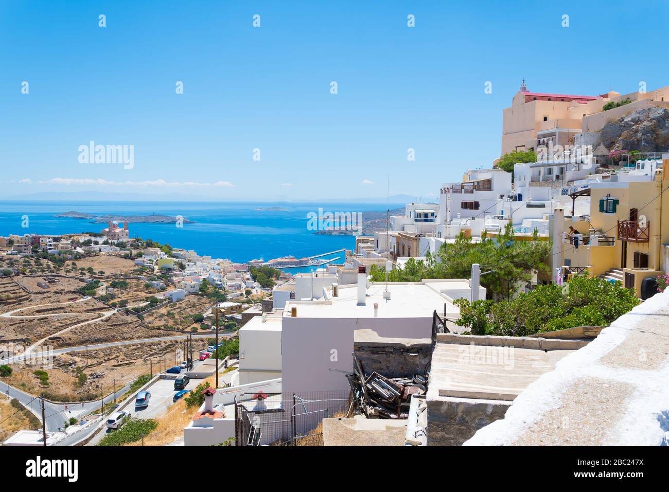 Ano Syros city of Syros Island in Cyclades, Greece. The port and the ...