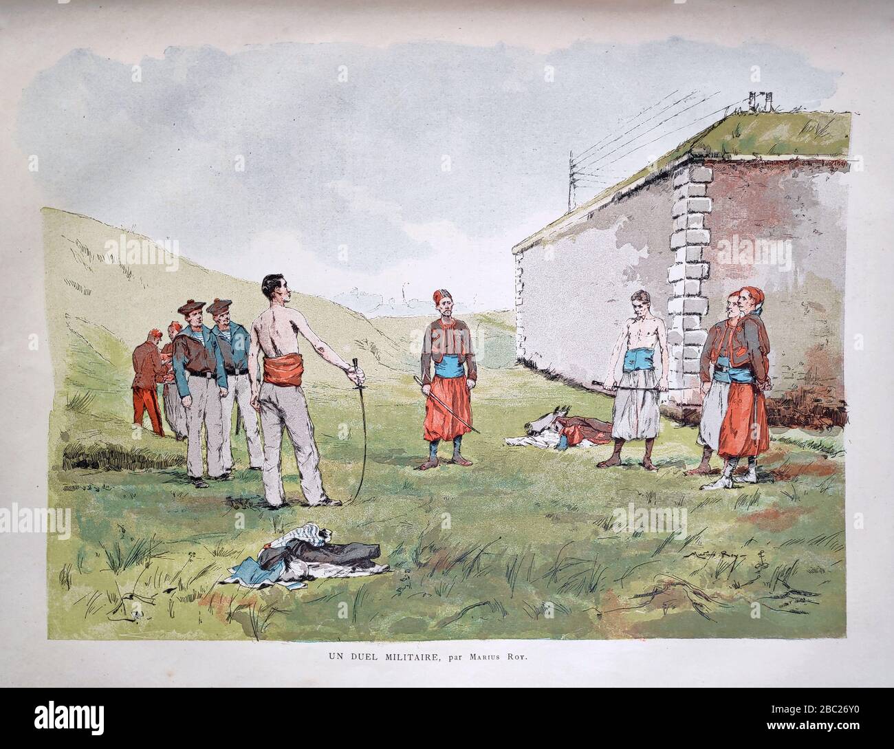 Illustration of two soldiers fighting each other in a duel entitled "Un ...