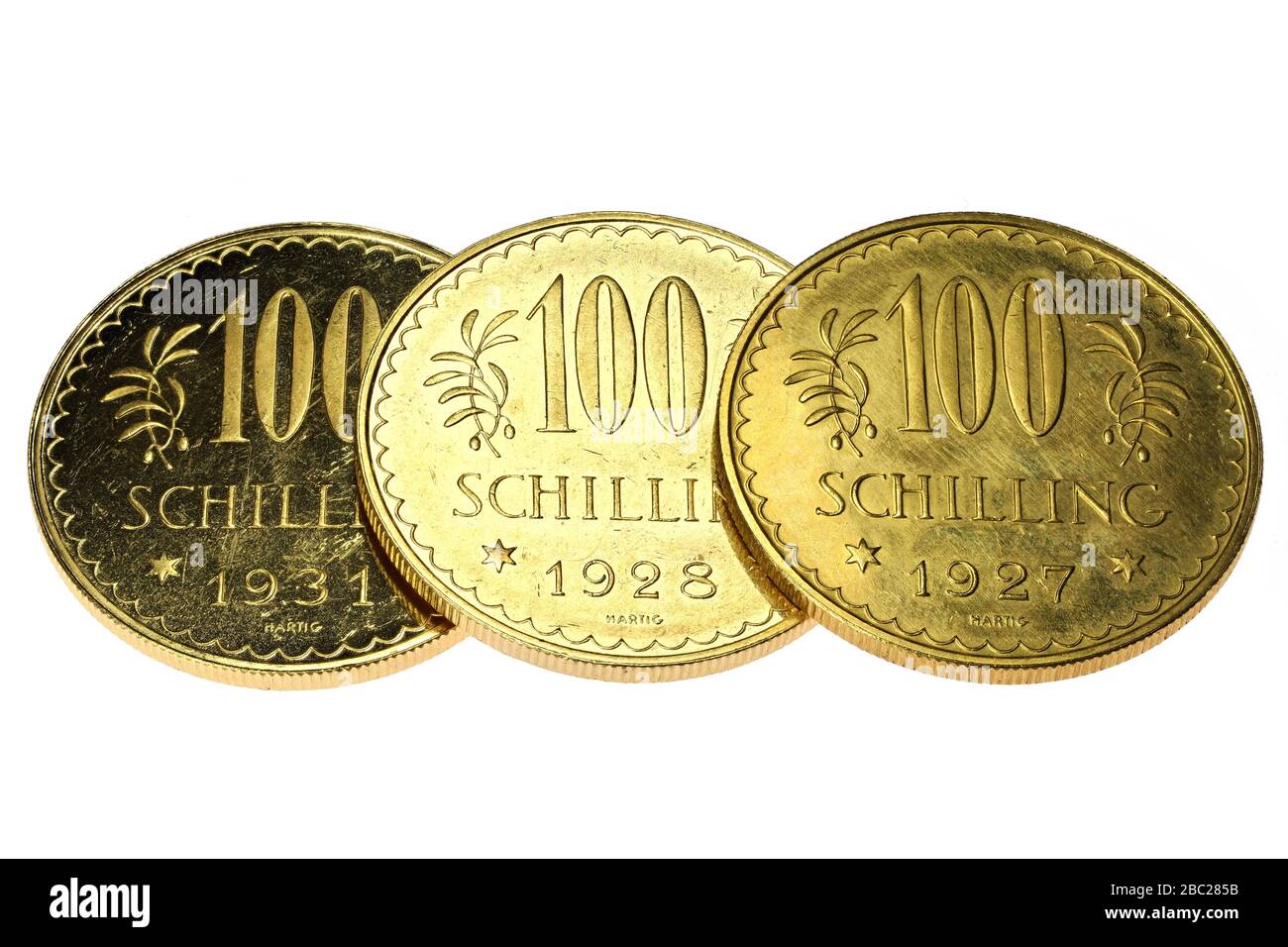Austrian 100 Schilling gold coins isolated on white background Stock ...