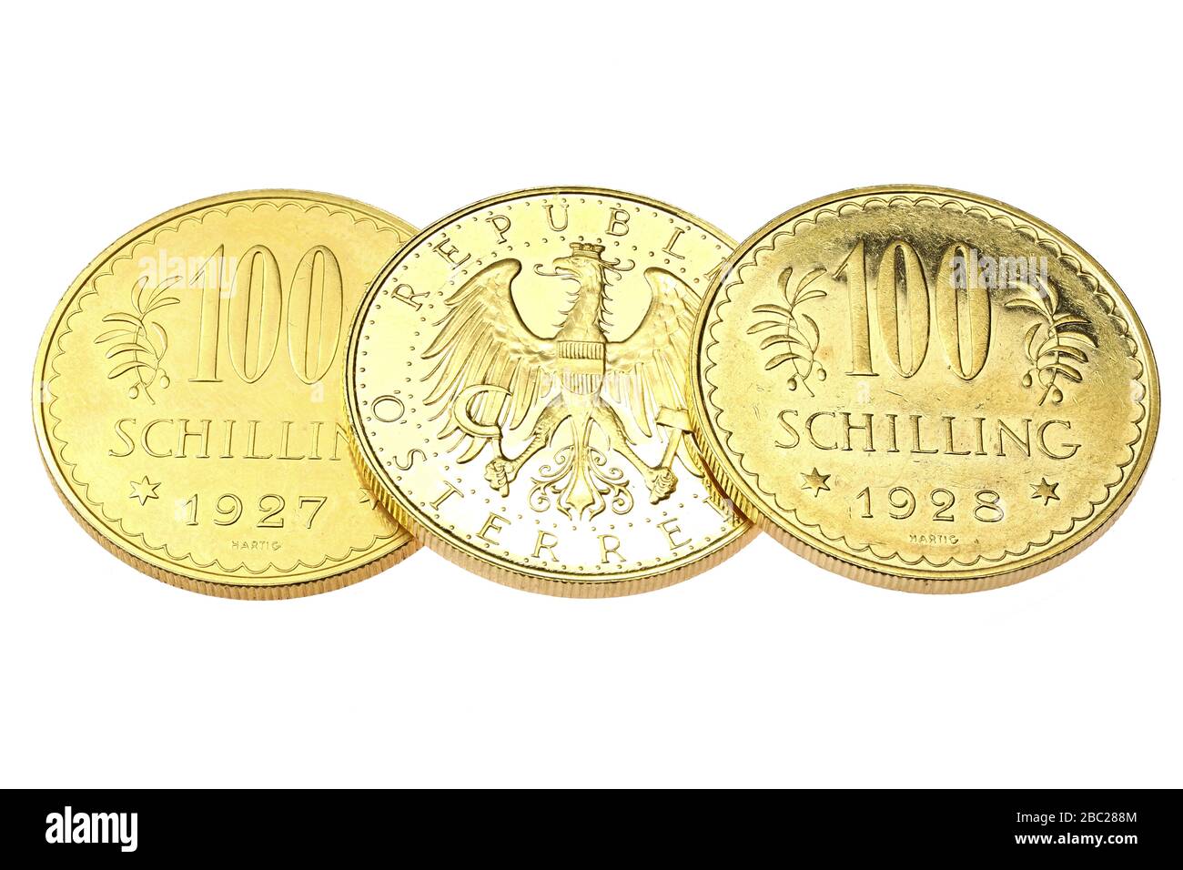 Austrian 100 Schilling gold coins isolated on white background Stock ...