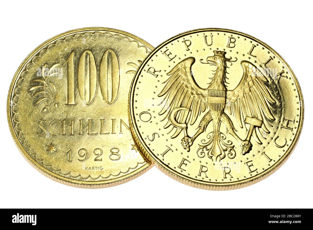 Austrian 100 Schilling gold coins isolated on white background Stock ...