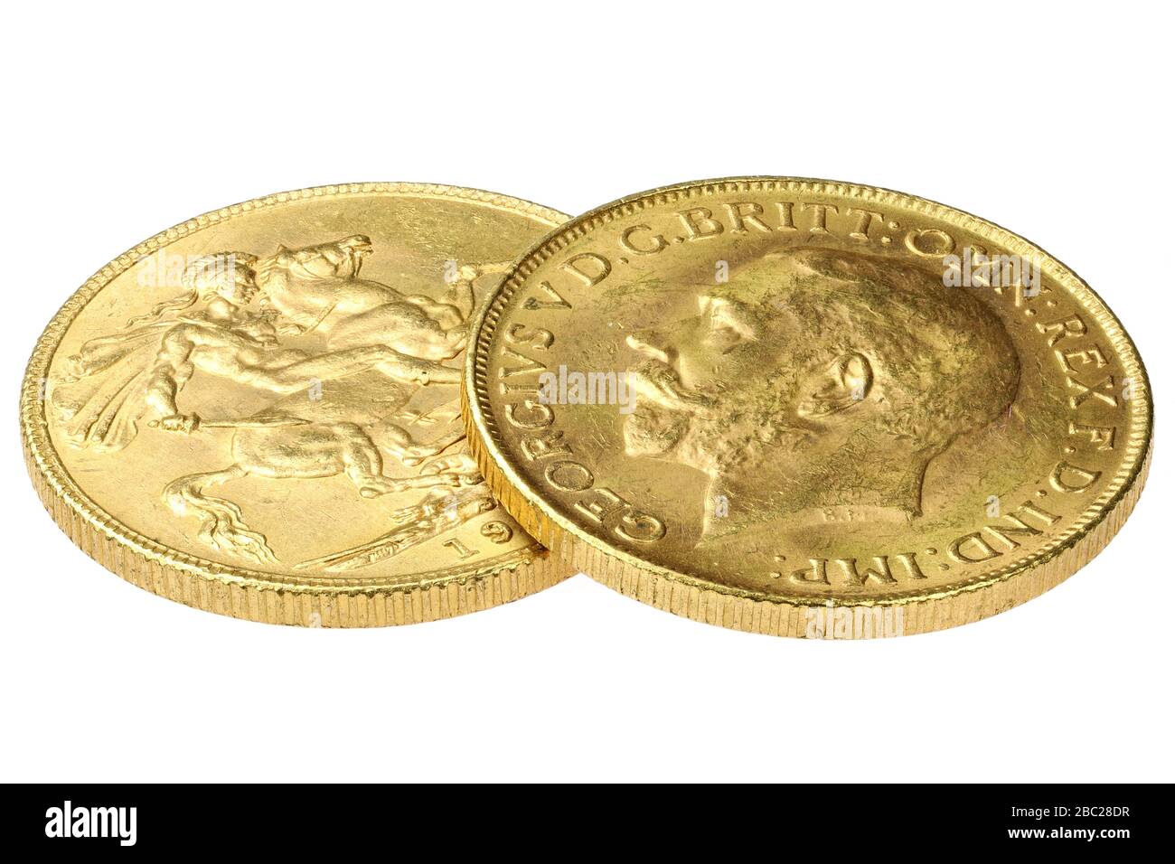 British full Sovereign gold coins (George V) isolated on white ...