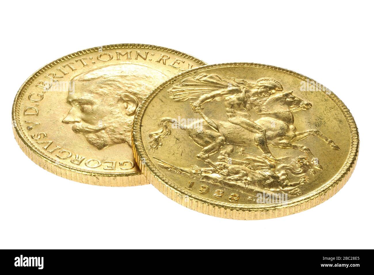 British full Sovereign gold coins (George V) isolated on white ...