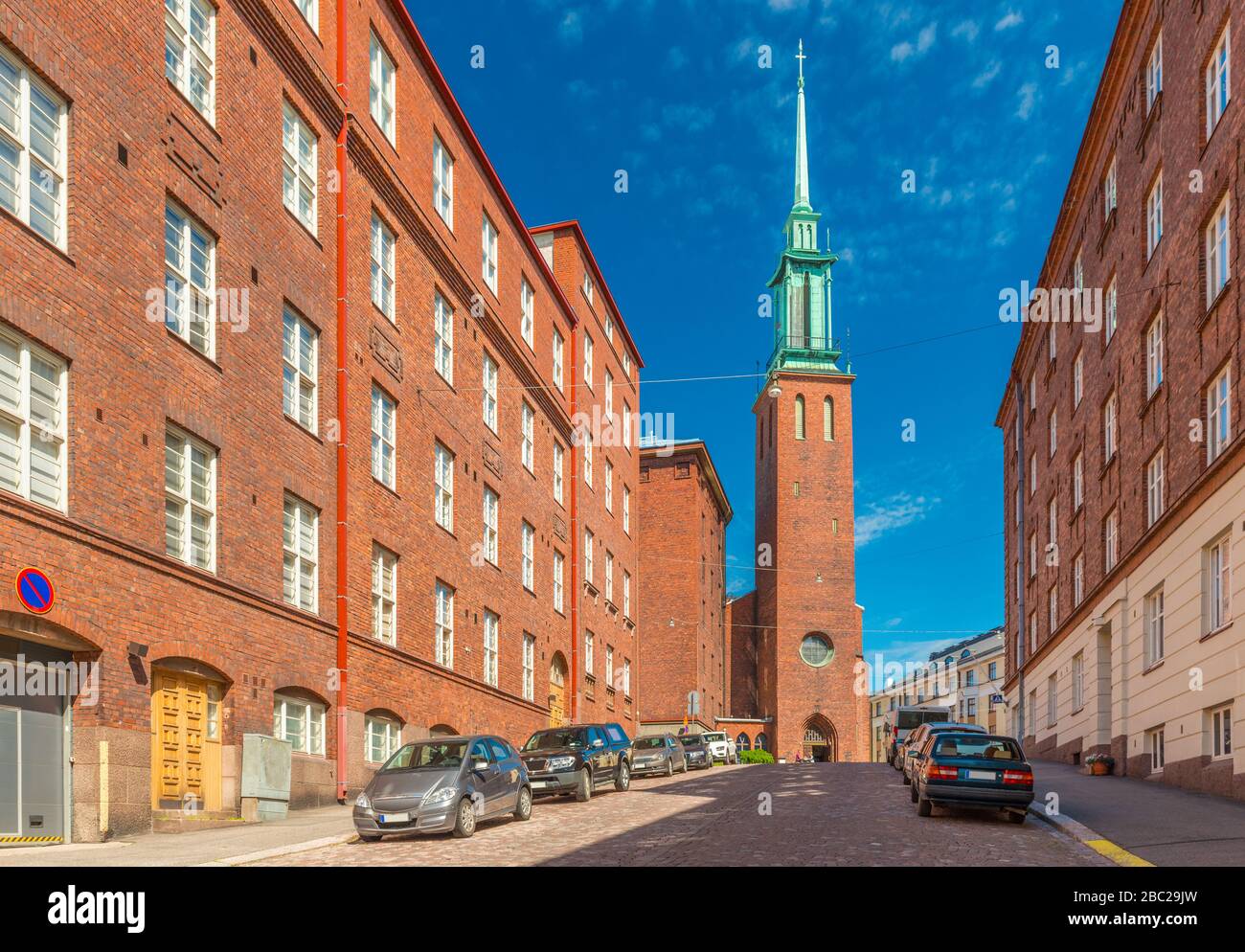 View of a street of Helsinki with the traditional red-brick ...