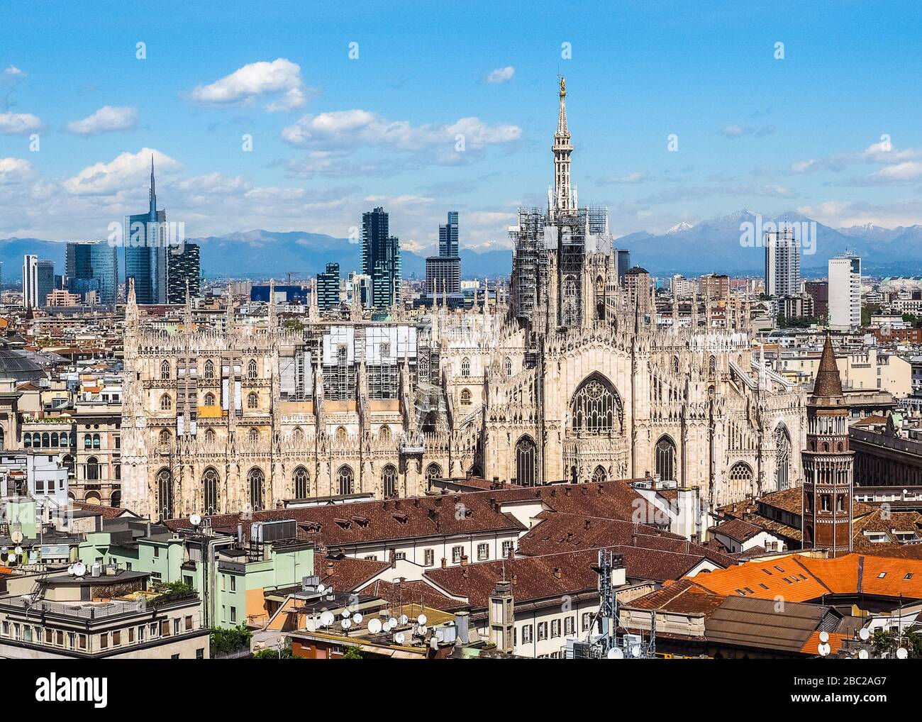 Aerial view of Duomo di Milano gothic cathedral church in Milan, Italy ...