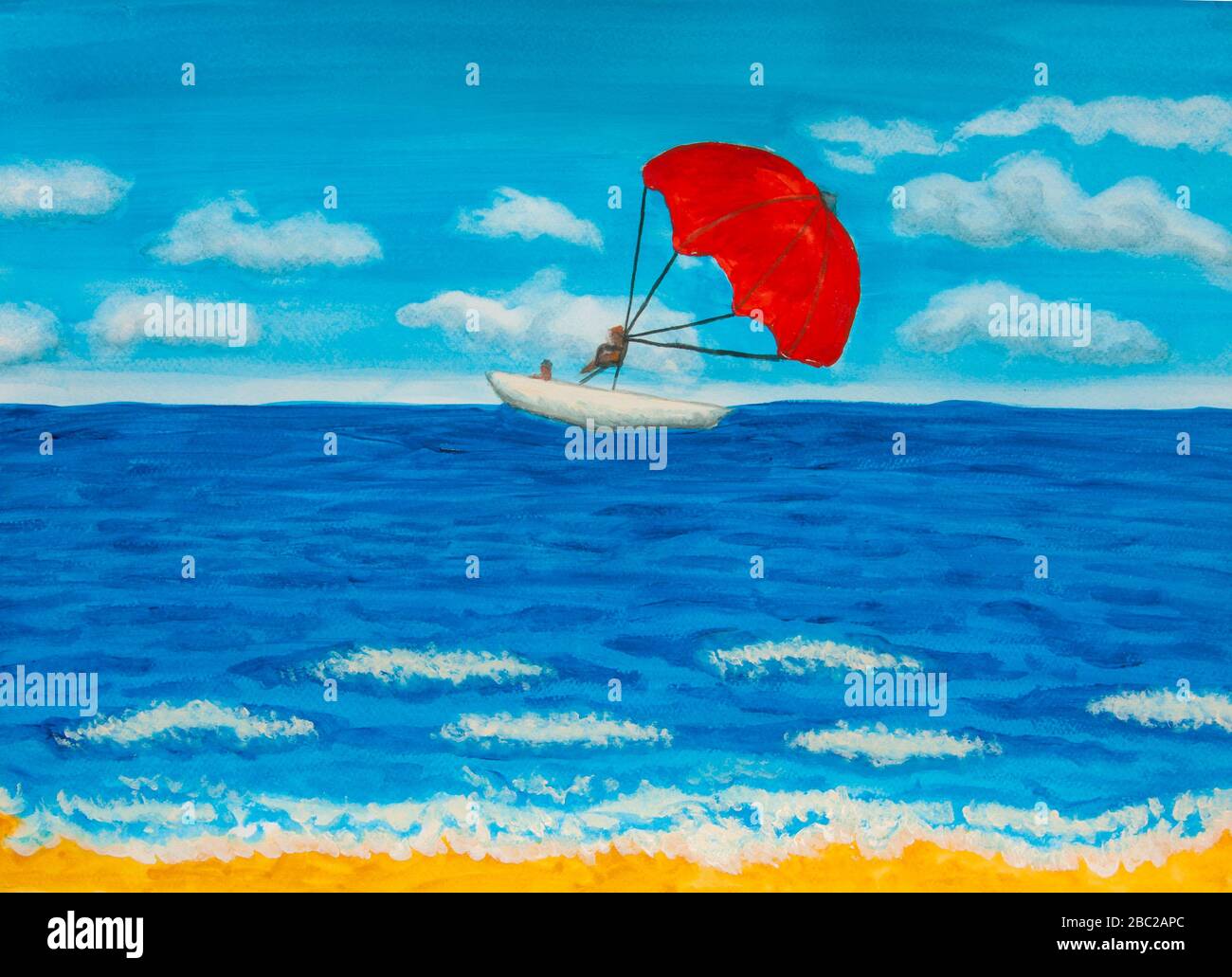 Seascape with red parachute, illustration watercolor painting Stock ...