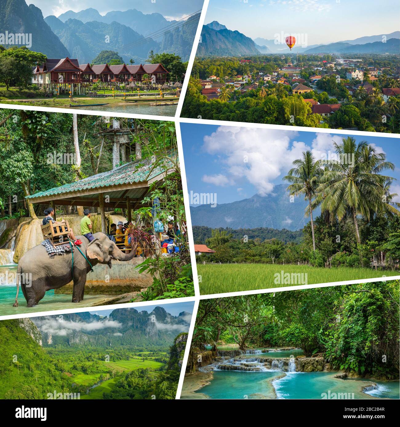 Collage of popular tourist destinations in Laos. Travel background ...