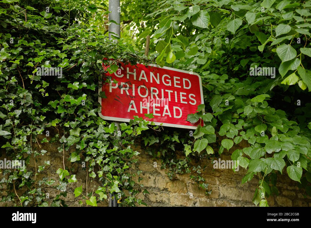 A 'Changed Priorities Ahead' road sign, in the UK Stock Photo - Alamy