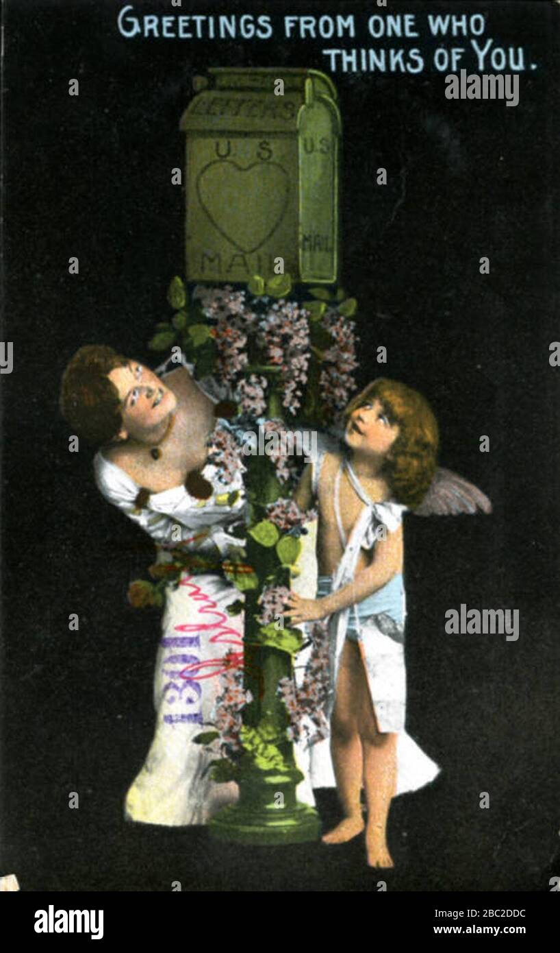 Greetings from one who thinks of you, image of a mailbox, woman, and a ...