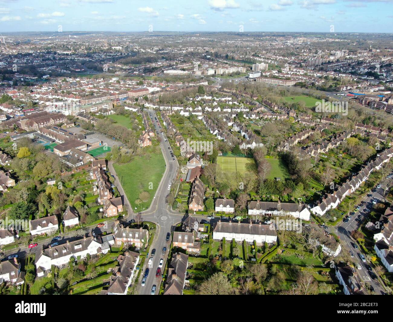 Aerial view of Hampstead Garden Suburb and typical house cottage, an ...