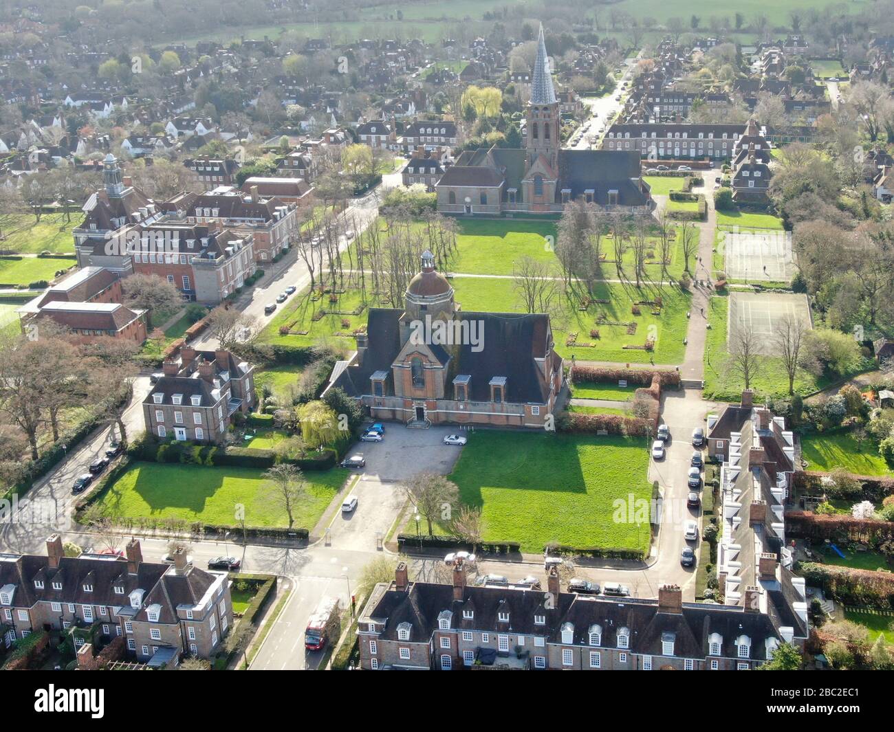 Aerial view of Hampstead Garden Suburb and St. Jude's Church, elevated ...