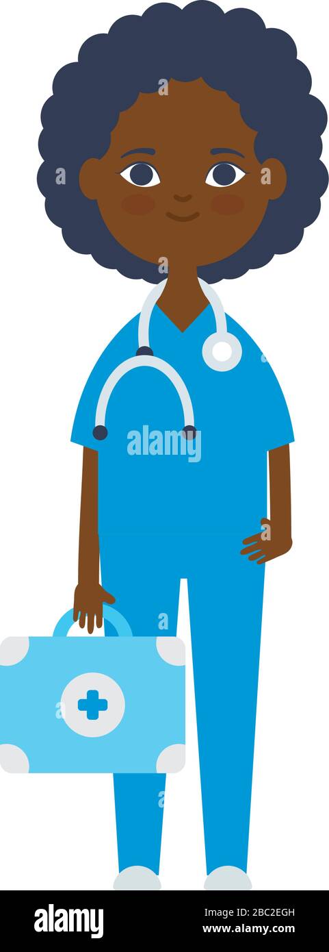 cartoon doctor afro woman icon over white background, flat style ...