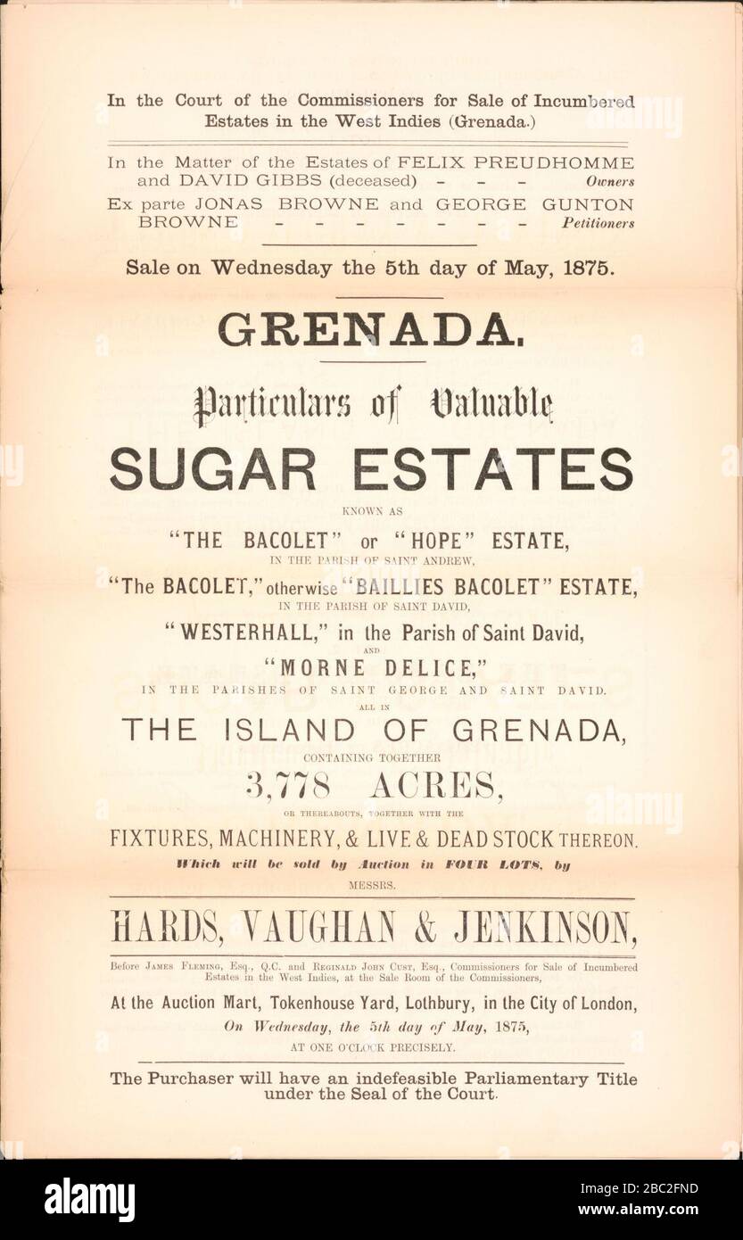 Grenada, particulars of valuable Sugar Estates - known as ‘The Bacolet ...