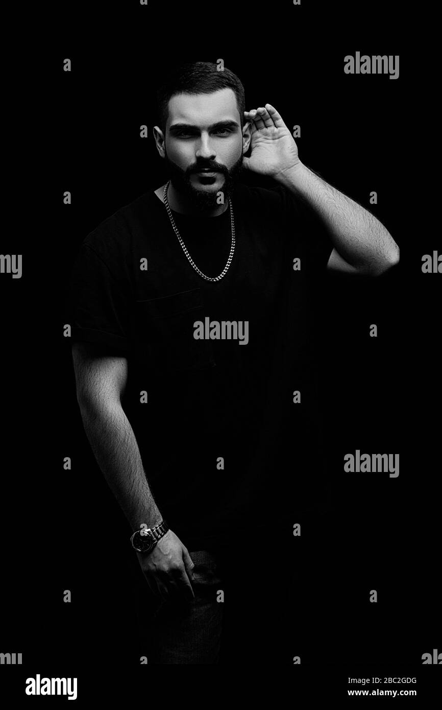 Portrait bearded man listening music Black and White Stock Photos ...