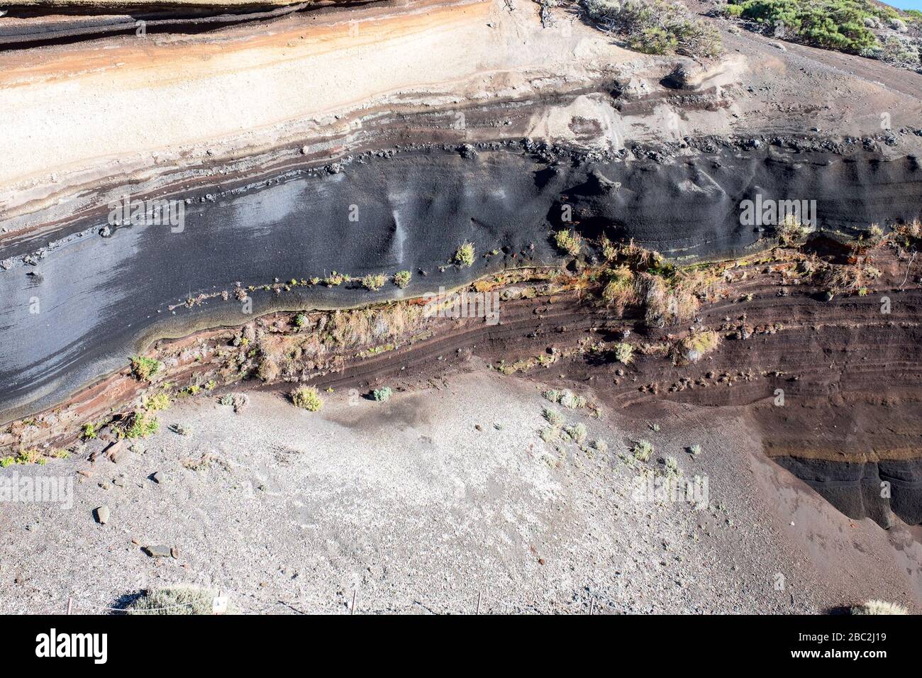 Mirador la Tarta , The Cake, volcanic texture with layers of basalt and white pumis from ...