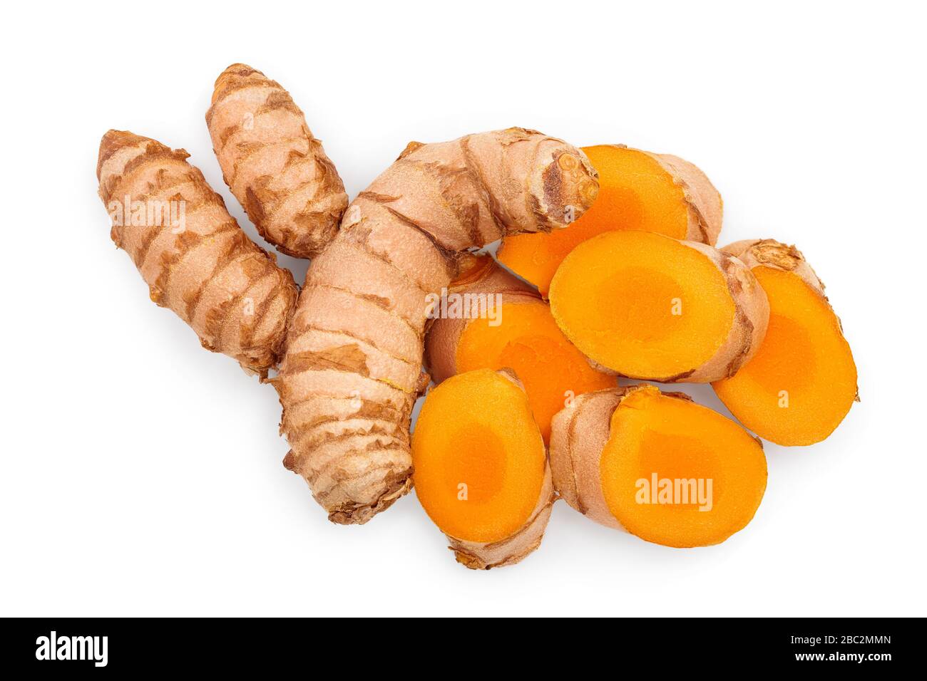 turmeric root slices isolated on white background. Top view. Flat lay ...