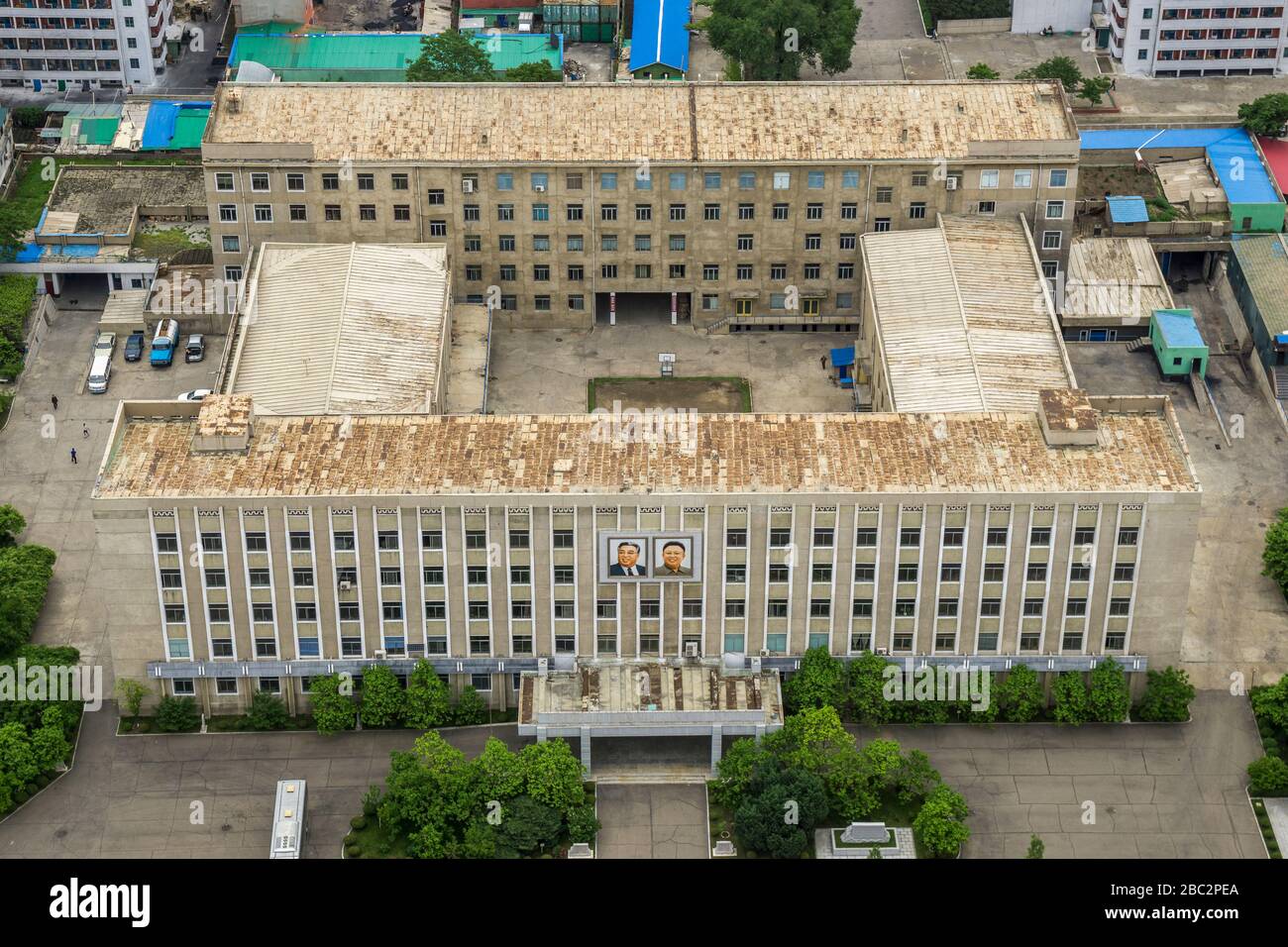 North Korea, Pyongyang, Juche tower, elevated view of the city Stock ...