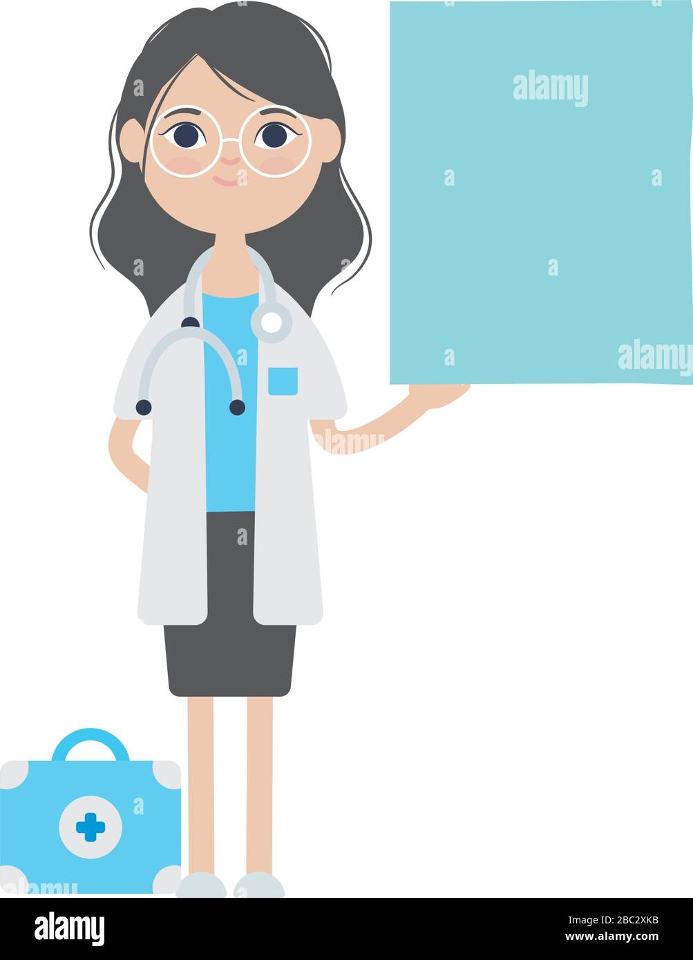 doctor woman with blank poster over white background, flat style ...