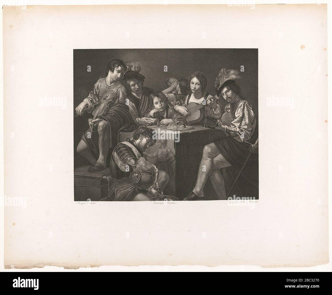 Group gathered around stone with relief figure, playing musical ...