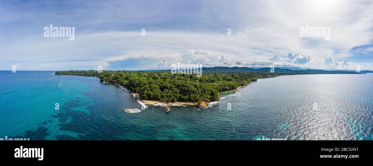 Aerial panoramic view of the Caribbean coast of the Gandoca Manzanillo ...