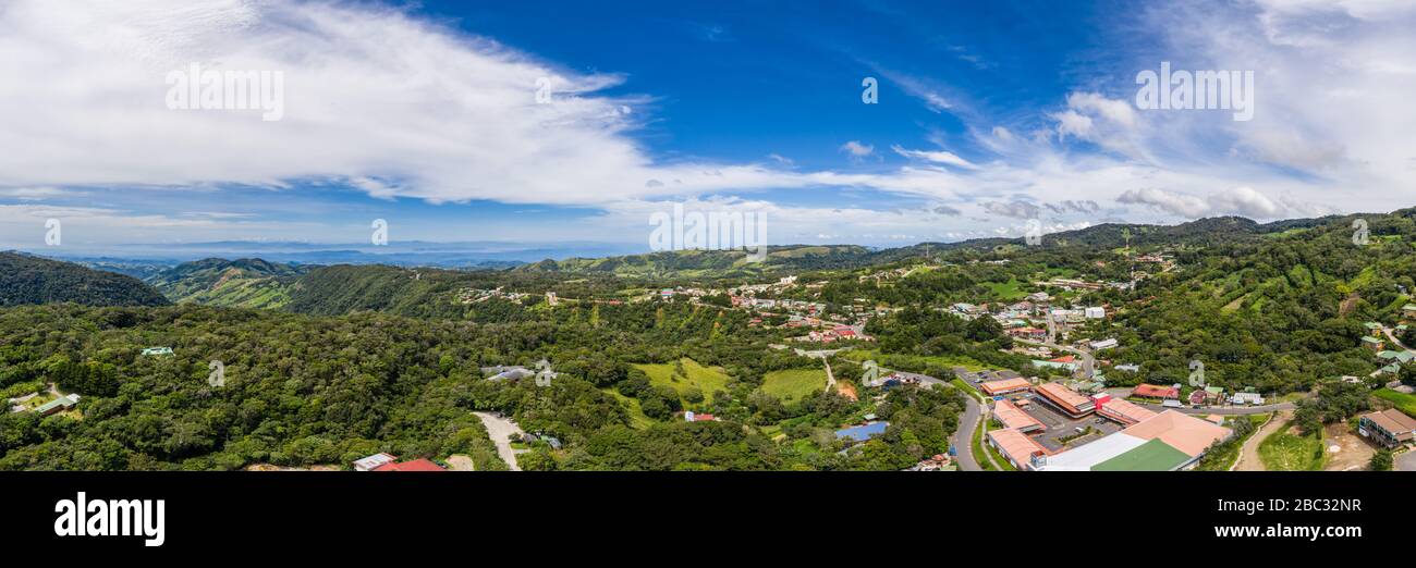 Aerial panoramic view of Santa Elena town, gateway to the cloud forests ...