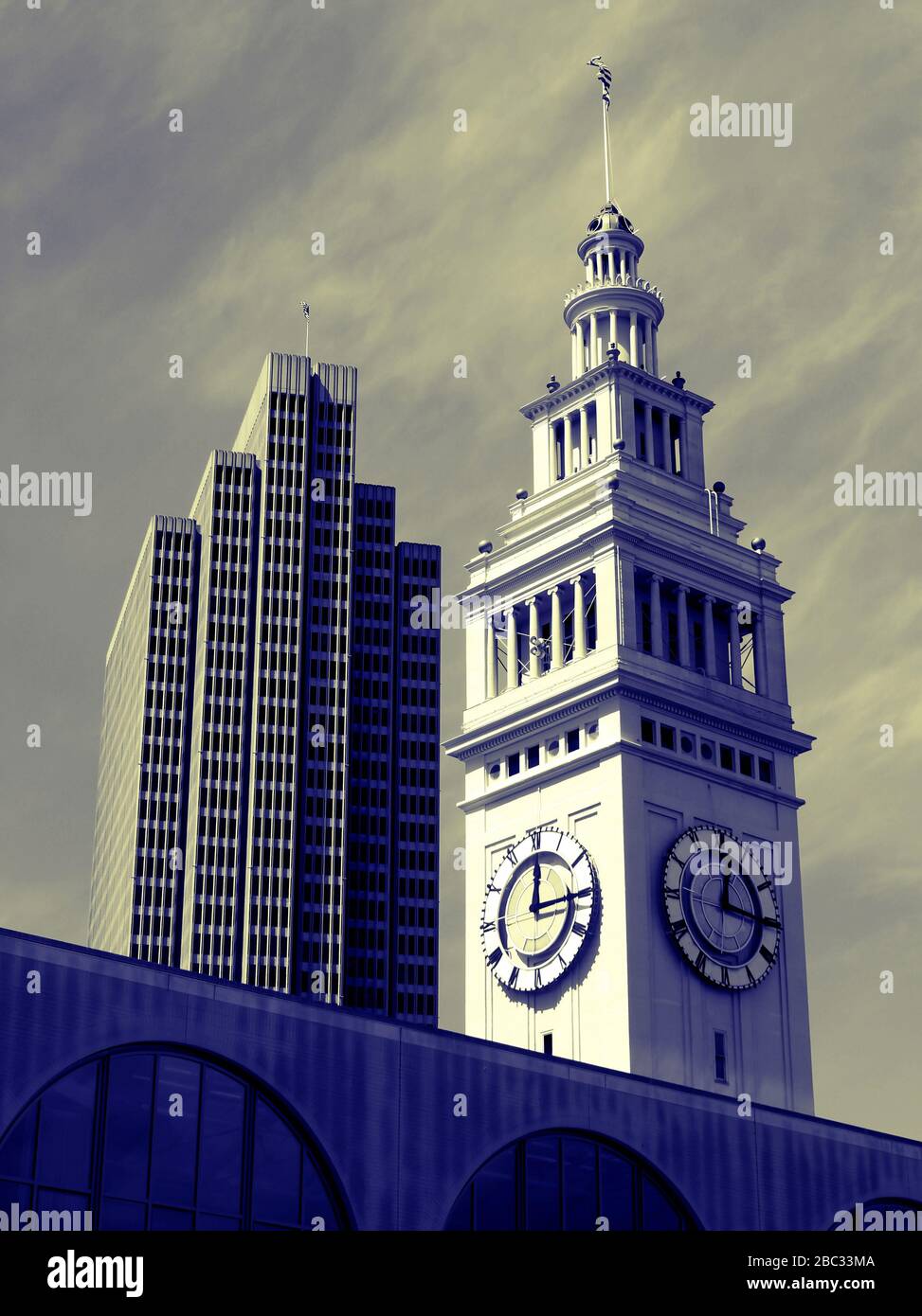 Ferry Building clock tower and Embarcadero Center at Market Street ...