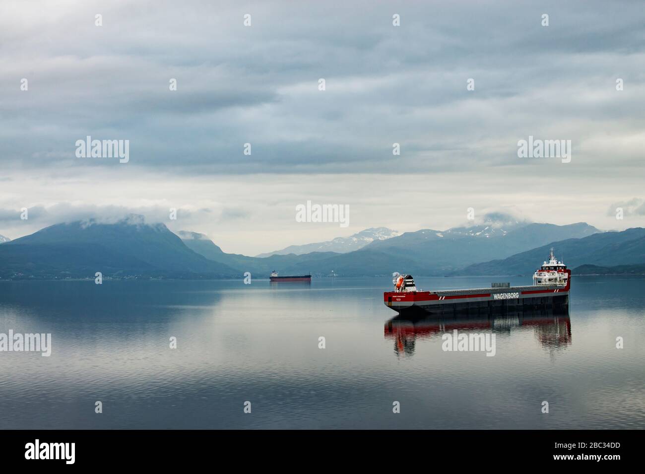 Tanker in Fjord, Norway, early morning light Stock Photo - Alamy