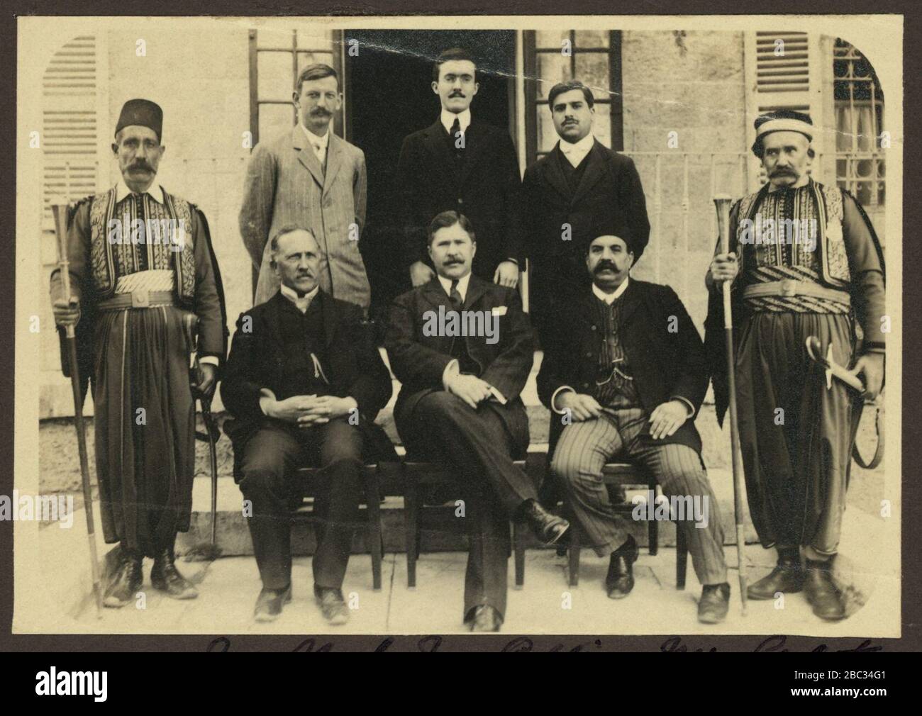 Group portrait of Mr. Clark, Mr. Coffin, Mr. Galat, Sr.; John Whiting, Mr. Heck, and Mr. Galat ...