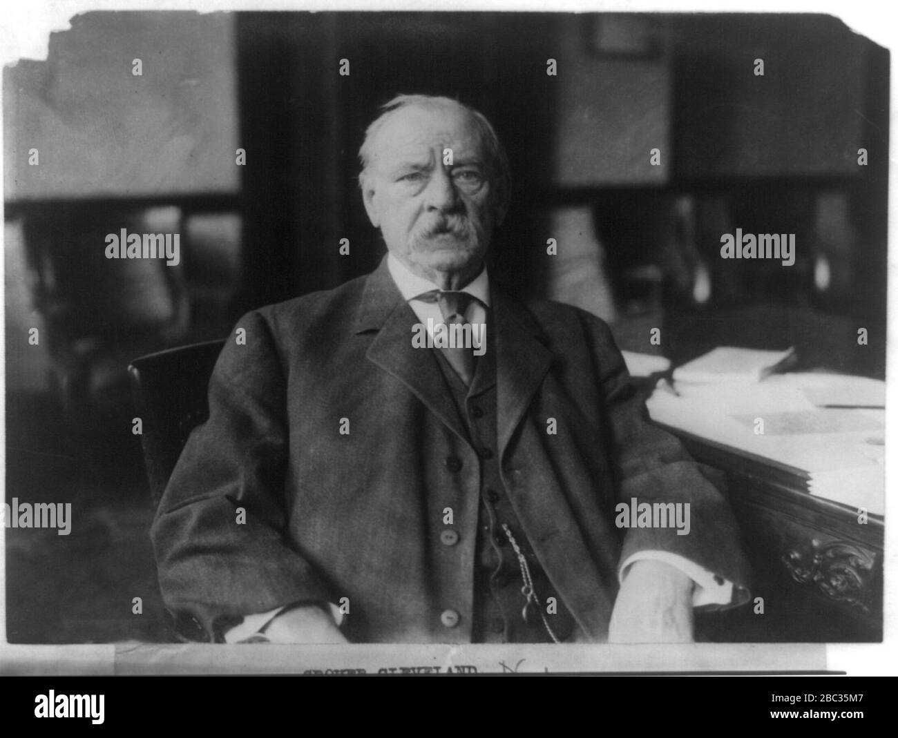 Grover Cleveland, half-length portrait, seated at desk, facing front ...
