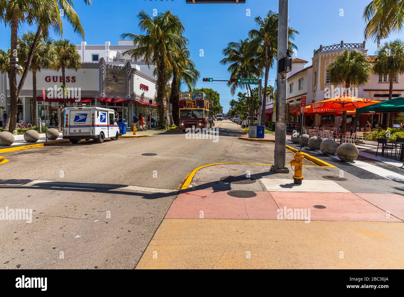 Beautiful landscape view of street of Miami Beach. White buildings and ...