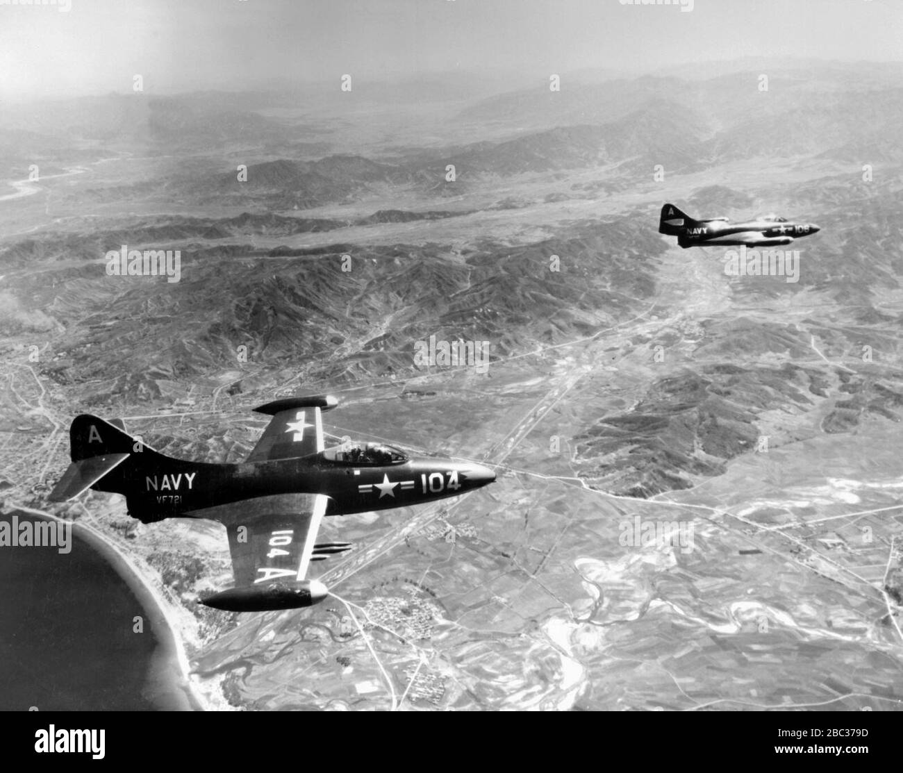 Grumman F9F-2B Panthers of VF-721 in flight over Korea on 15 July 1951 ...