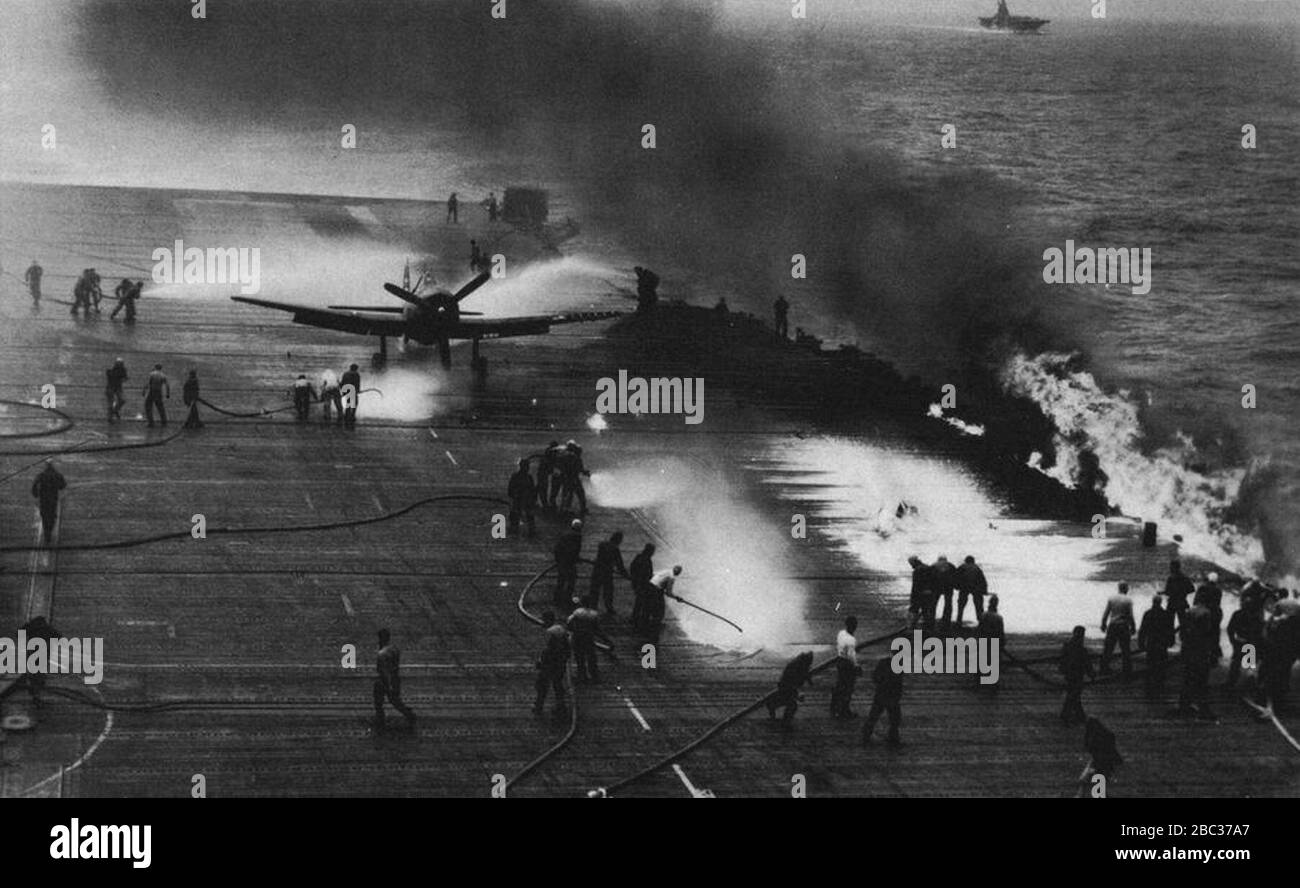Grumman F6F-5 Hellcat after landing accident aboard USS Randolph (CV-15 ...
