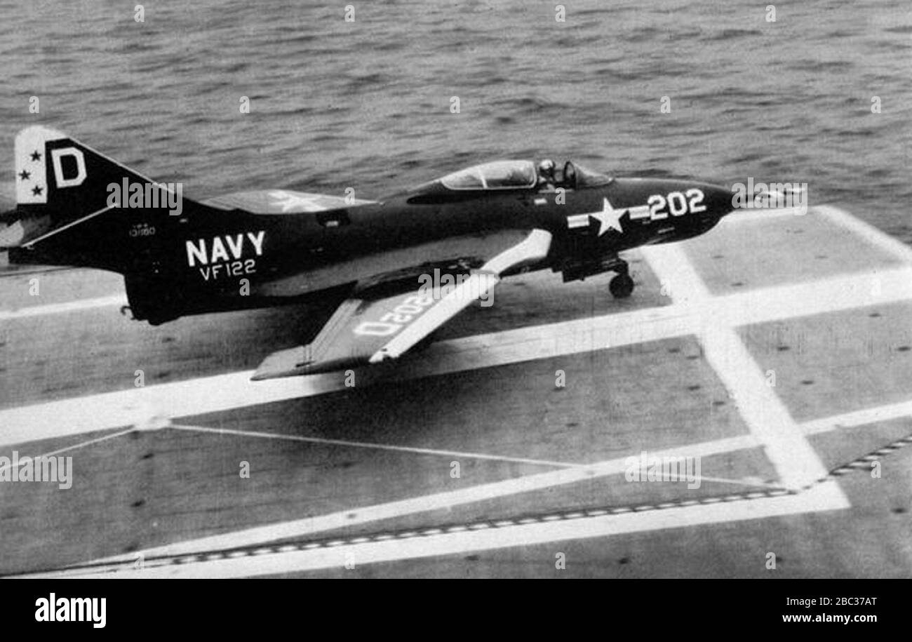 Grumman F9F-8 Cougar of VF-122 aboard USS Shangri-La (CVA-38), in 1956 ...